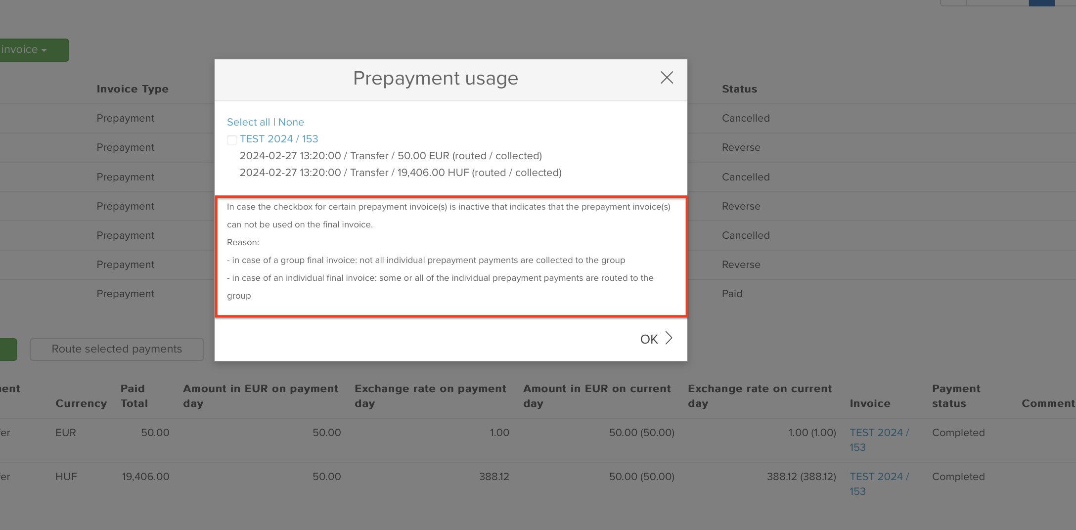 Using the prepayment invoices ( prepayments ) on a final invoice